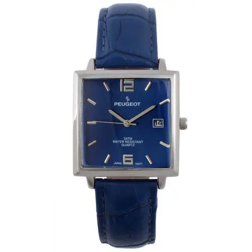 PEUGEOT Square Calendar Leather Strap Watch - Blue