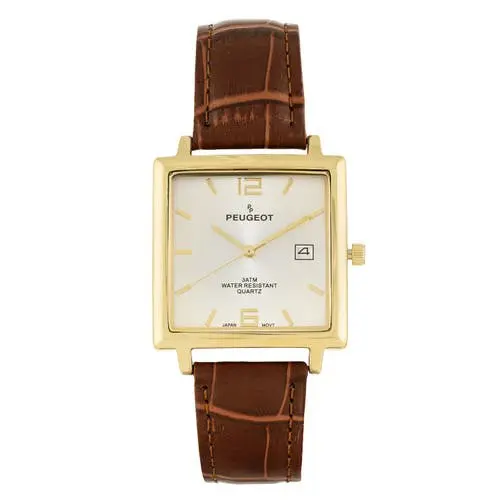 PEUGEOT Square Calendar Leather Strap Watch - Brown