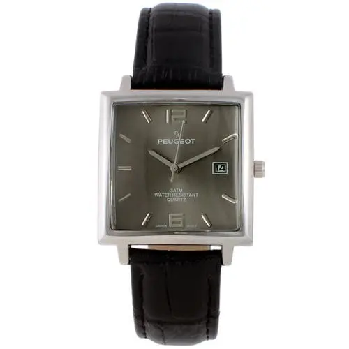 PEUGEOT Square Calendar Leather Strap Watch - Grey
