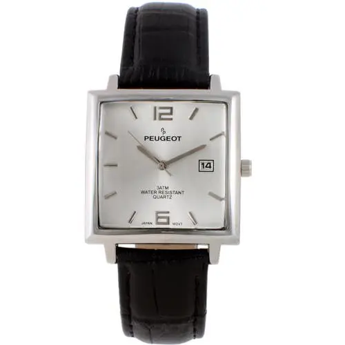 PEUGEOT Square Calendar Leather Strap Watch - Silver