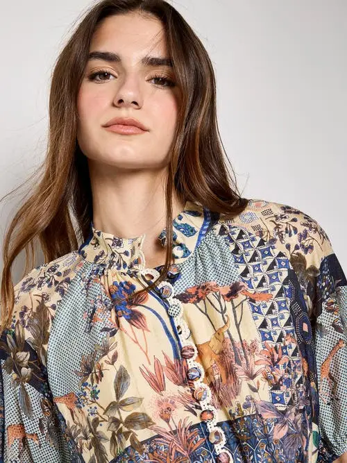 APRICOT High Neck Patchwork Midi Shirt Dress