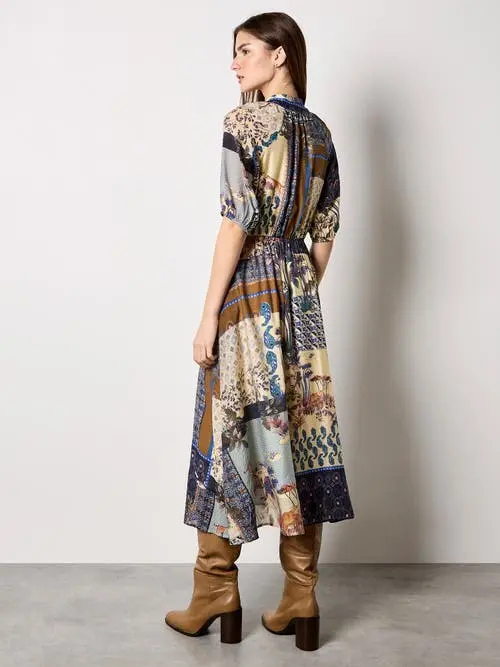 APRICOT High Neck Patchwork Midi Shirt Dress