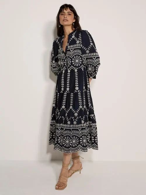APRICOT Contrast Broderie Anglaise Midi Dress - Navy