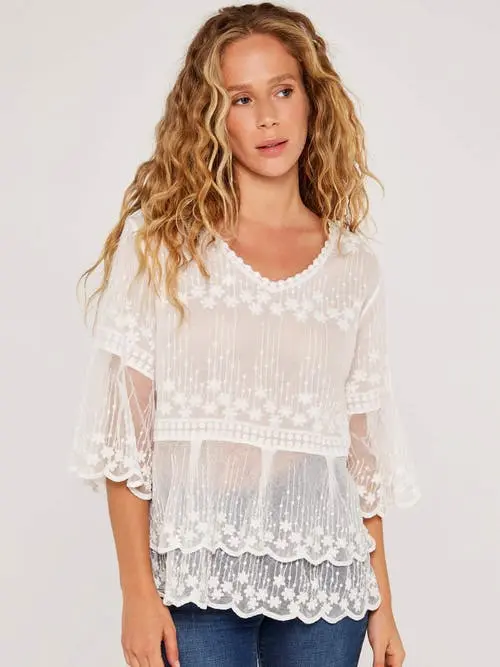 APRICOT Embroidered Cotton Mesh Top - Cream