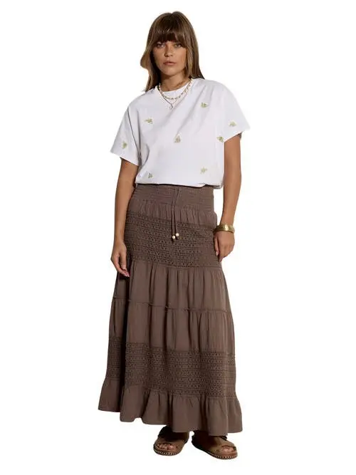 APRICOT Crochet Detail Tiered Skirt - Stone