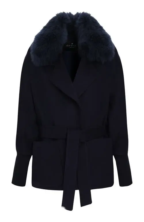 Gorski Fabric Jacket With Detachable Genuine Shearling Collar - Navy