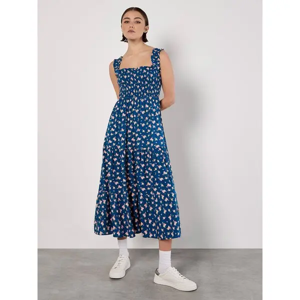 APRICOT Spaced Ditsy Smocked Tiered Dress - Blue