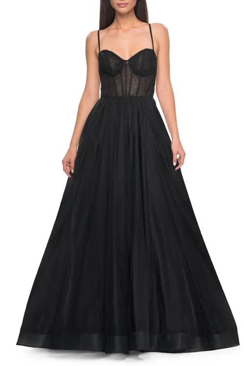 La Femme A-line Tulle Gown With Rhinestone Fishnet Bodice - Black