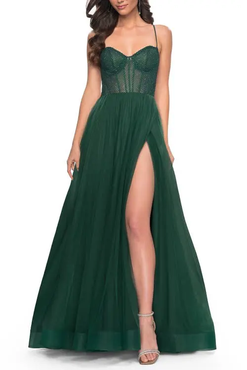 La Femme A-line Tulle Gown With Rhinestone Fishnet Bodice - Dark Emerald