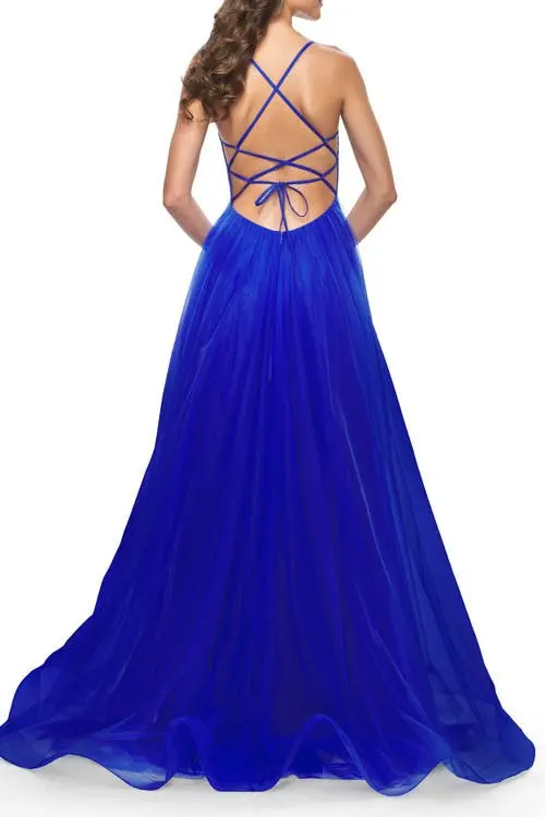 La Femme A-line Tulle Gown With Rhinestone Embellished Bodice And Thigh-high Slit - Royal Blue