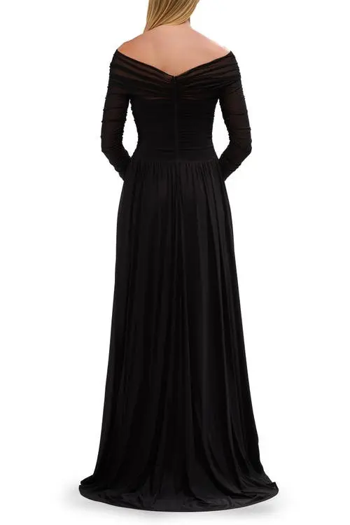 La Femme Off-the-shoulder Long Sleeve Ruched Gown