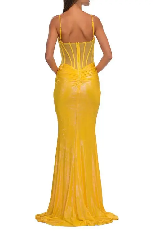 La Femme Metallic Ruched Gown With Illusion Back - Yellow