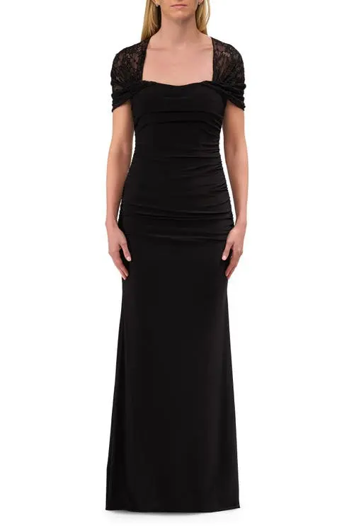 La Femme Ruched Evening Gown With Lace Sleeves - Black