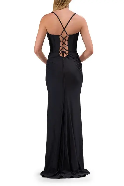 La Femme Corset Deep V-neck Jersey Gown With Thigh-high Slit - Black