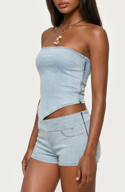 EDIKTED Zaida Strapless Handkerchief Hem Denim Top
