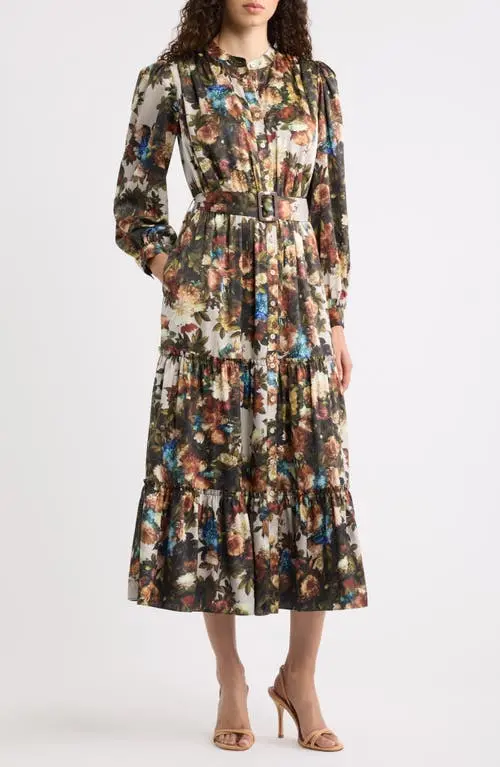 Elie Tahari Floral Print Maxi Dress With Belted Waist And Billowed Sleeves - Mystical Forrest