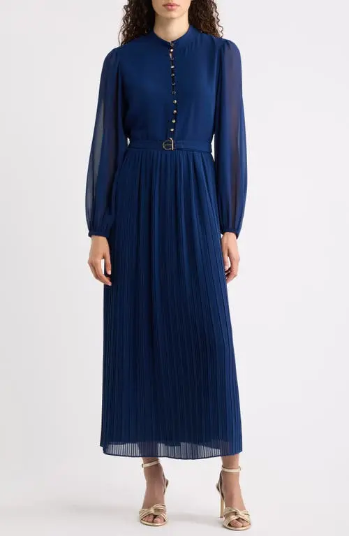Elie Tahari Adira Long Sleeve Maxi Dress With Belted Waist - Twilight Sky