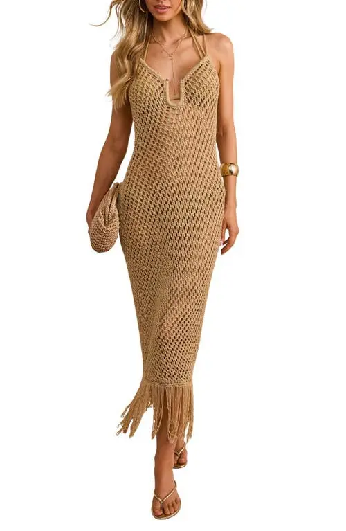 VICI Dusk Glow Crochet Fringe Cover-up Dress - Gold