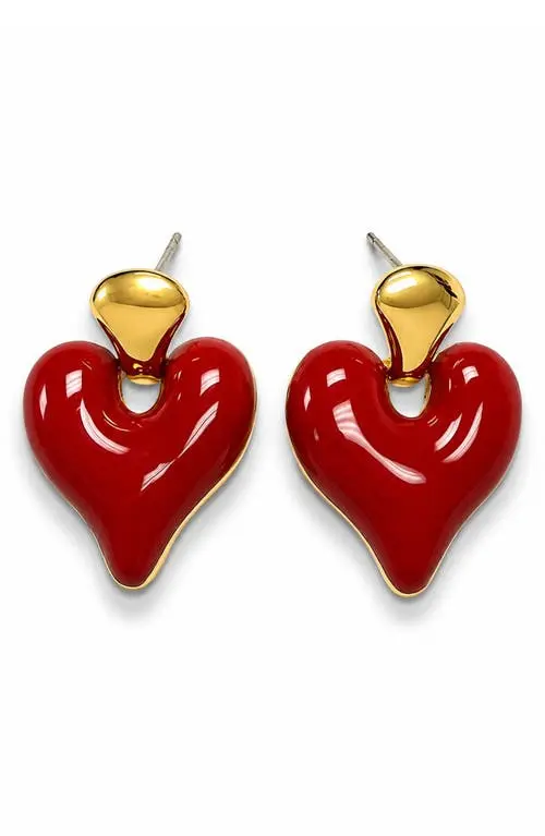 LA MENO Puffy Heart Drop Earrings - Gold/red