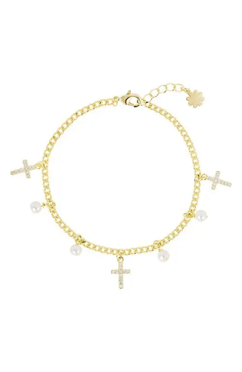 ATHRA LUXE Imitation Pearl And Pavé Cubic Zirconia Cross Charm Bracelet - Gold