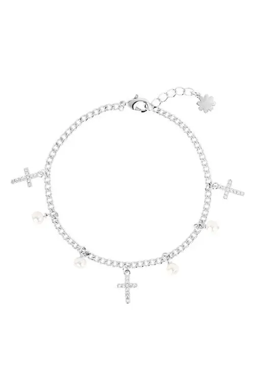 ATHRA LUXE Imitation Pearl & Pavé Cubic Zirconia Cross Charm Bracelet - Silver