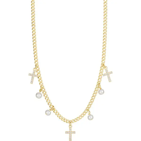 ATHRA LUXE Imitation Pearl And Pavé Cubic Zirconia Cross Necklace - Gold