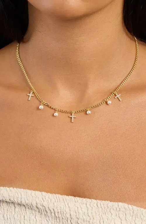 ATHRA LUXE Imitation Pearl And Pavé Cubic Zirconia Cross Necklace - Gold