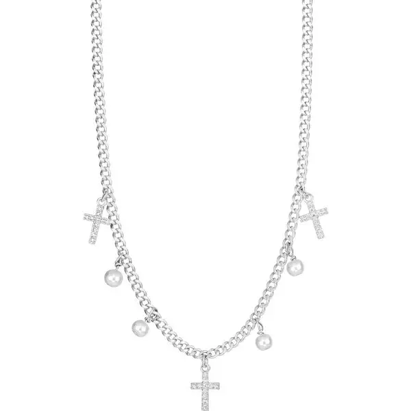 ATHRA LUXE Imitation Pearl And Pavé Cubic Zirconia Cross Necklace - Silver
