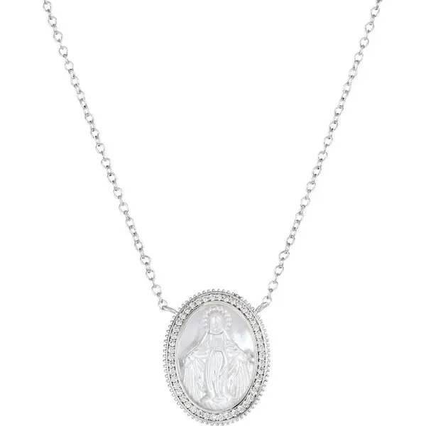 ATHRA LUXE Mother-of-pearl Mary Pavé Cubic Zirconia Medallion Pendant Necklace - Silver