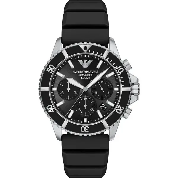 Emporio Armani World Explorer Solar Chronograph Silicone Strap Watch - Black