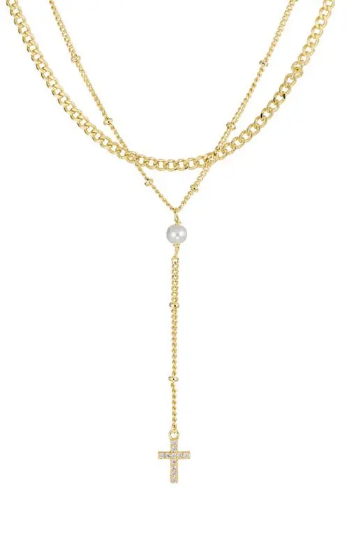 ATHRA LUXE Imitation Pearl And Pavé Cross Layered Y-necklace