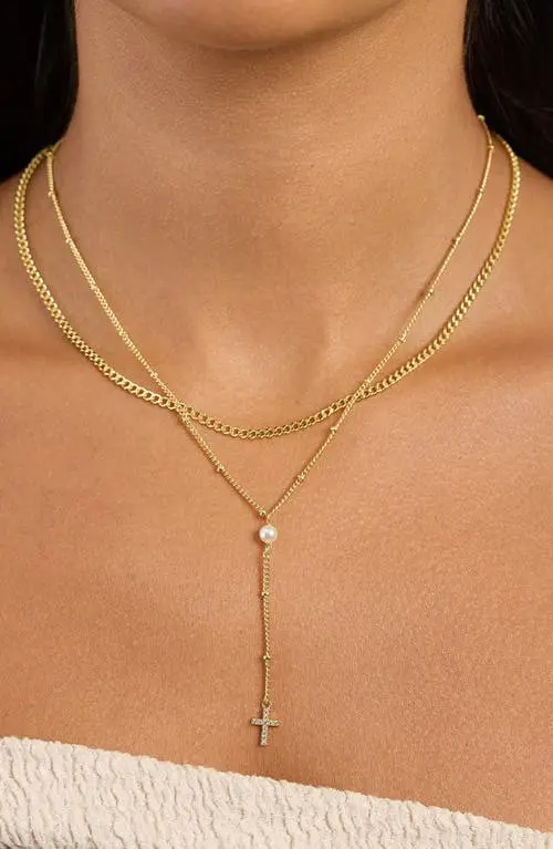ATHRA LUXE Imitation Pearl And Pavé Cross Layered Y-necklace