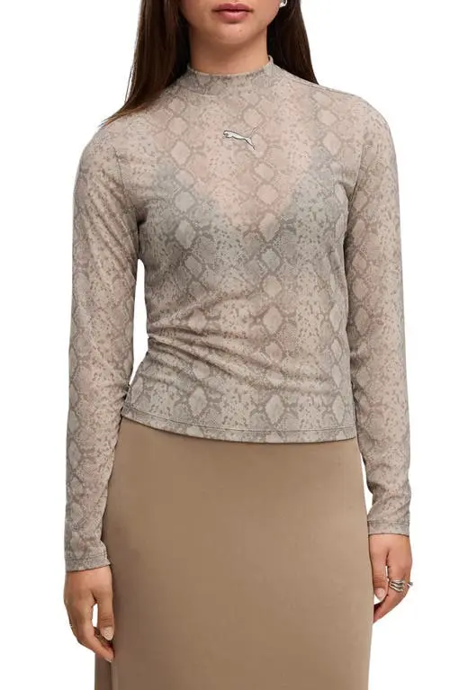 PUMA Snake Print Mesh Long Sleeve Mock Neck Top