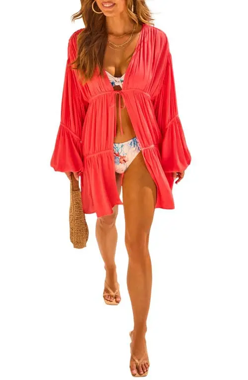 VICI Senara Ruched Cover-up Duster - Watermelon