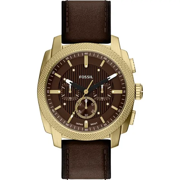 Fossil Machine Chronograph Goldtone Leather Strap Watch