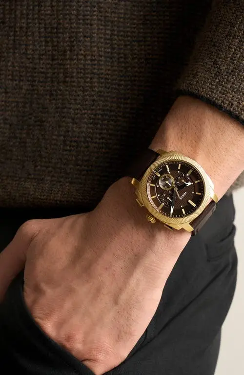 Fossil Machine Chronograph Goldtone Leather Strap Watch