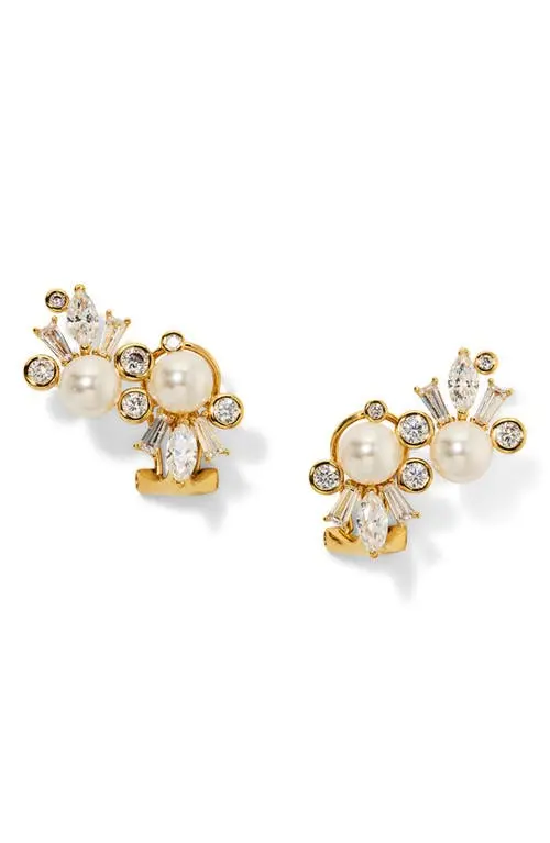Nadri Climber Stud Earrings With Faux Pearls And Cubic Zirconia - Gold
