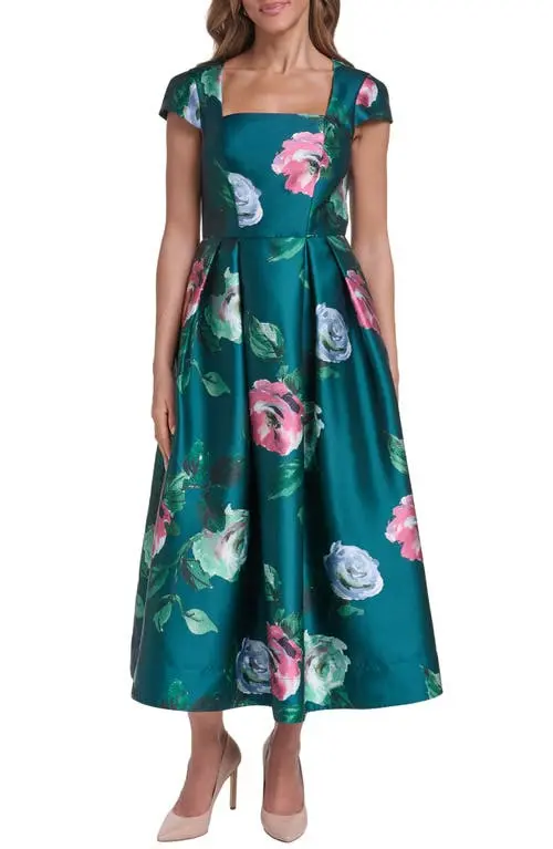 Eliza J Square Neck Floral Satin Midi Dress