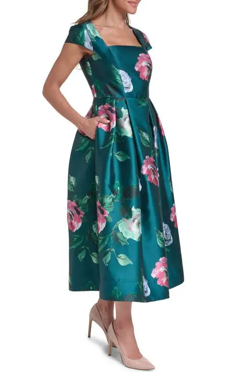 Eliza J Square Neck Floral Satin Midi Dress