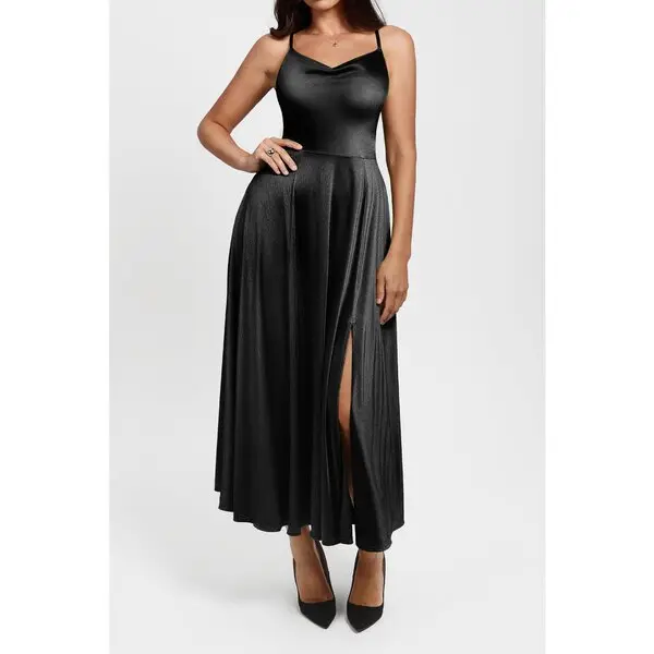 POPILUSH Built-in Shapewear Glitter Spaghetti Strap Slit Maxi Dress - Jet