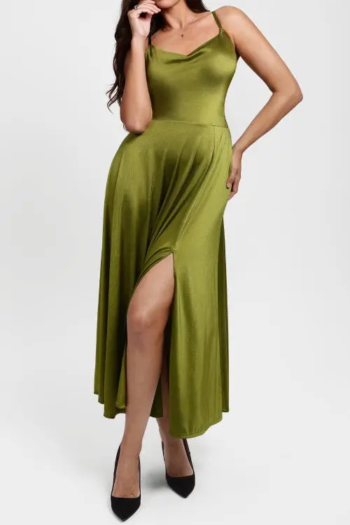 POPILUSH Built In Shapewear Glitter Spaghetti Strap Slit Maxi Dress - Olive