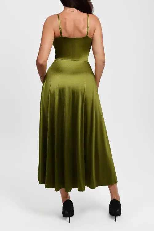 POPILUSH Built In Shapewear Glitter Spaghetti Strap Slit Maxi Dress - Olive