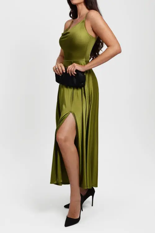 POPILUSH Built In Shapewear Glitter Spaghetti Strap Slit Maxi Dress - Olive