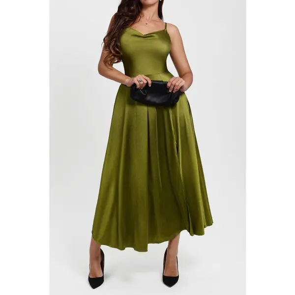 POPILUSH Built-in Shapewear Glitter Spaghetti Strap Slit Maxi Dress - Olive