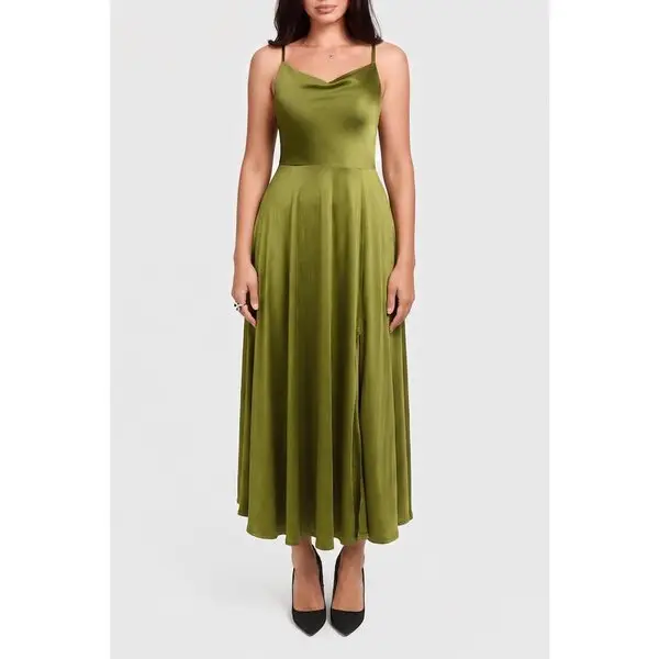 POPILUSH Built-in Shapewear Glitter Spaghetti Strap Slit Maxi Dress - Olive
