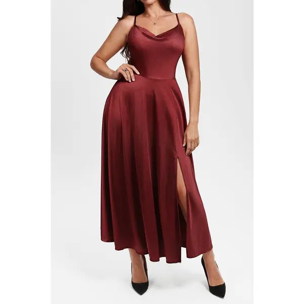 POPILUSH Built-in Shapewear Glitter Spaghetti Strap Slit Maxi Dress - Ruby