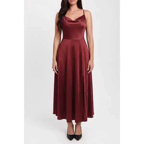 POPILUSH Built-in Shapewear Glitter Spaghetti Strap Slit Maxi Dress - Ruby