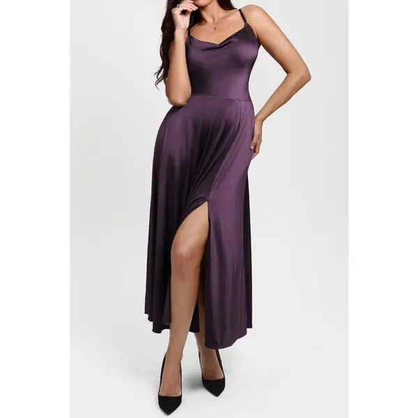 POPILUSH Built In Shapewear Glitter Spaghetti Strap Slit Maxi Dress - Violet