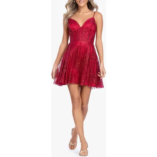 BLONDIE NITES Sequin Sweetheart Neck Corset Fit & Flare Minidress - Red