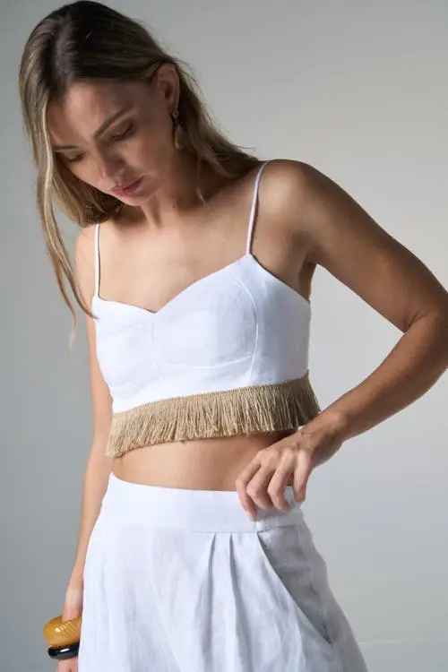 JBQ Breya Cropped Linen Bustier Top With Fringe Detail